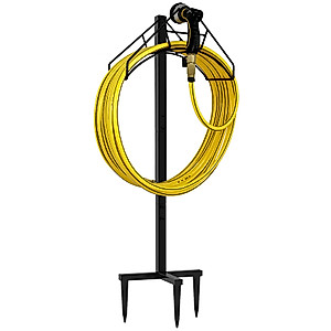 Artigarden Freestanding Garden Hose Holder Hanger, Heavy Duty Metal Water Hose Reel Storage Stand Rack for Yard Lawn, Bright Black (Hose not Included)