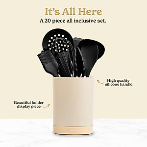 Silicone Kitchen Utensils Set & Holder: Cooking Utensils Set - Kitchen Essentials for New Home & 1st Apartment- Silicone Spatula Set, Cooking Spoons for Nonstick Cookware (Silicone, Black)