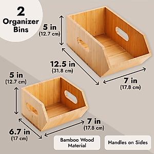 Farmlyn Creek 2 Pack Stackable Bamboo Wood Storage Bins, Organization Boxes for Kitchen Pantry (2 Sizes)