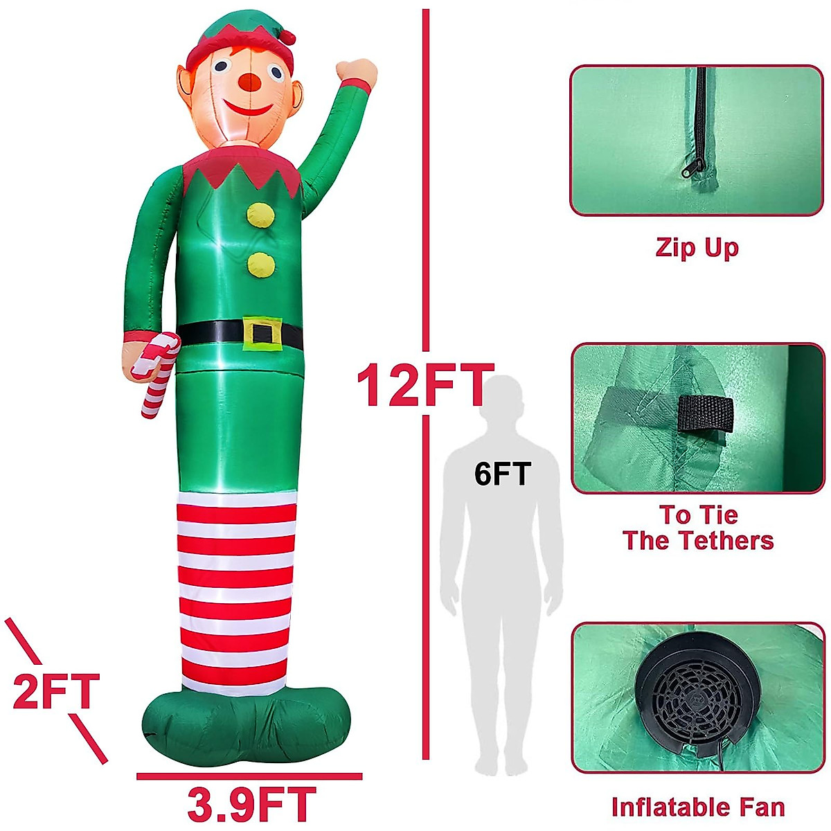 TURNMEON 12 Foot Giant Christmas Inflatable Elf, Christmas Decoration Outdoor Blow Up Elf Holds Candy Cane with Tethers Stakes LED Lighted Holiday Xmas Decoration Outside Yard Lawn Garden Home Party