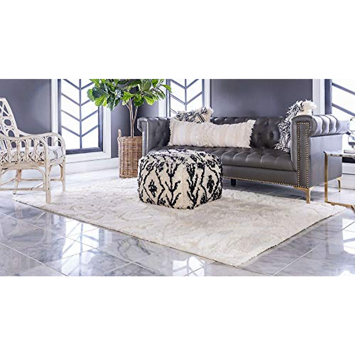 Unique Loom Shag Collection Modern Soft & Plush Textures with Floral Vine Design Area Rug, 5 ft x 8 ft, Ivory