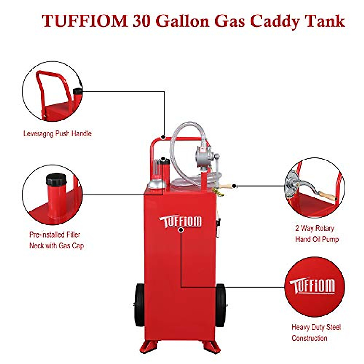 TUFFIOM 30 Gallon Gas Caddy With Wheels, Fuel Transfer Tank Gasoline Diesel Can Reversible Rotary Hand Siphon Pump, Fuel Storage Tank For Automobiles ATV Car Mowers Tractors Boat Motorcycle(Red)