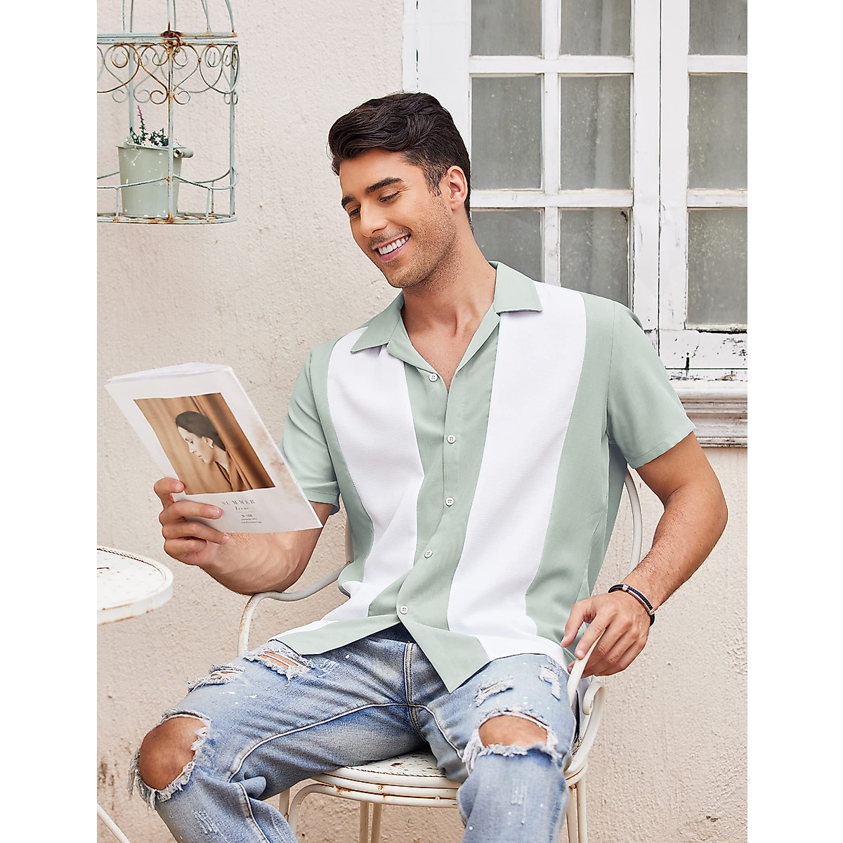 COOFANDY Vintage Mens Bowling Shirts Button Up Vacation Shirts Loose Fit Short Sleeve Shirts Green White