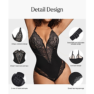 Popilush Shapewear Tummy Control Lace Bodysuits for Women Low Back Sleeveless V Neck Body Shaper Black XL