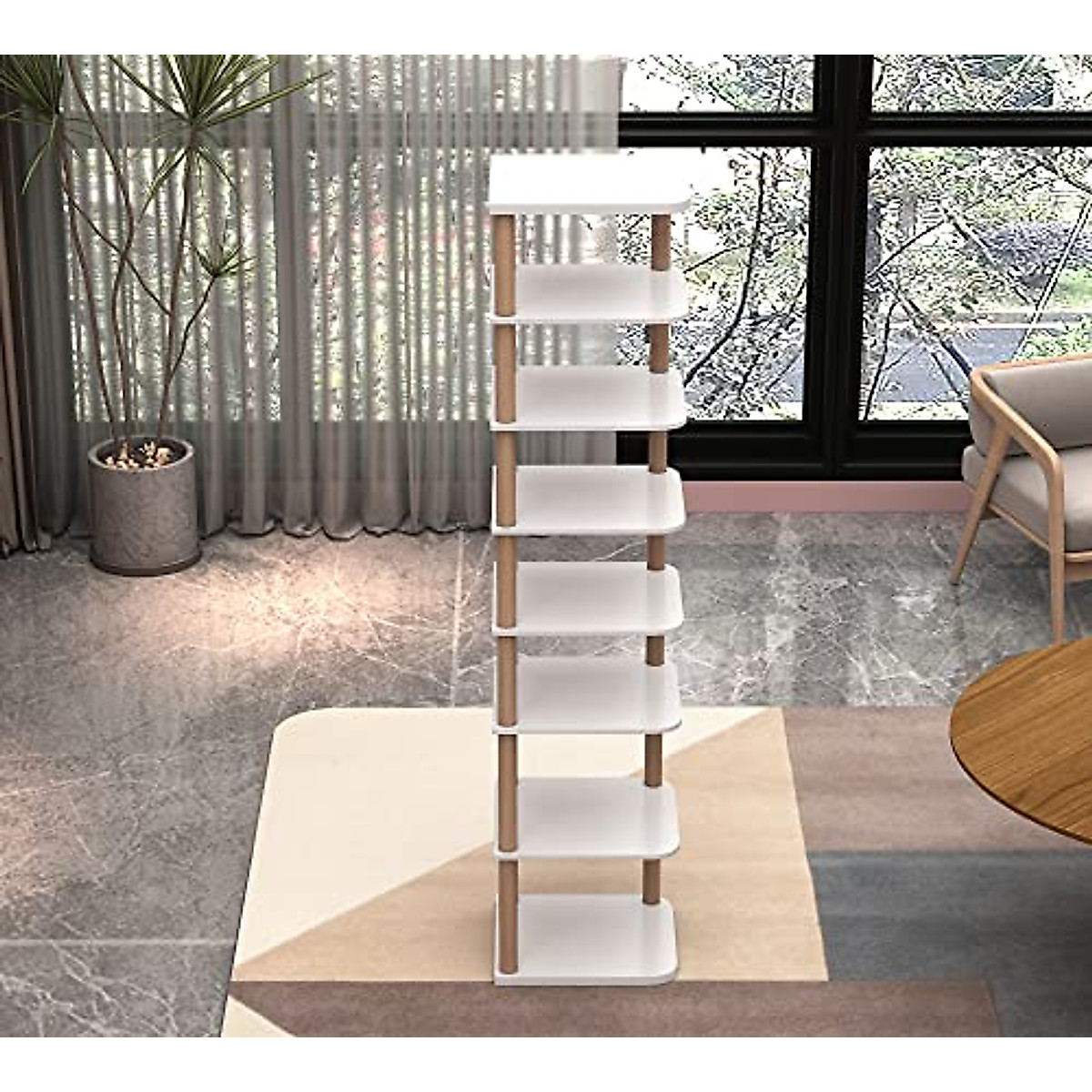 LUCKNOCK 8 Tiers Vertical Shoe Rack, Narrow Organizer, Stylish Wooden Shoe Storage Stand, Space Saving Shelf Tower, Free Standing for Entryway, No-Tool Assembly, White.