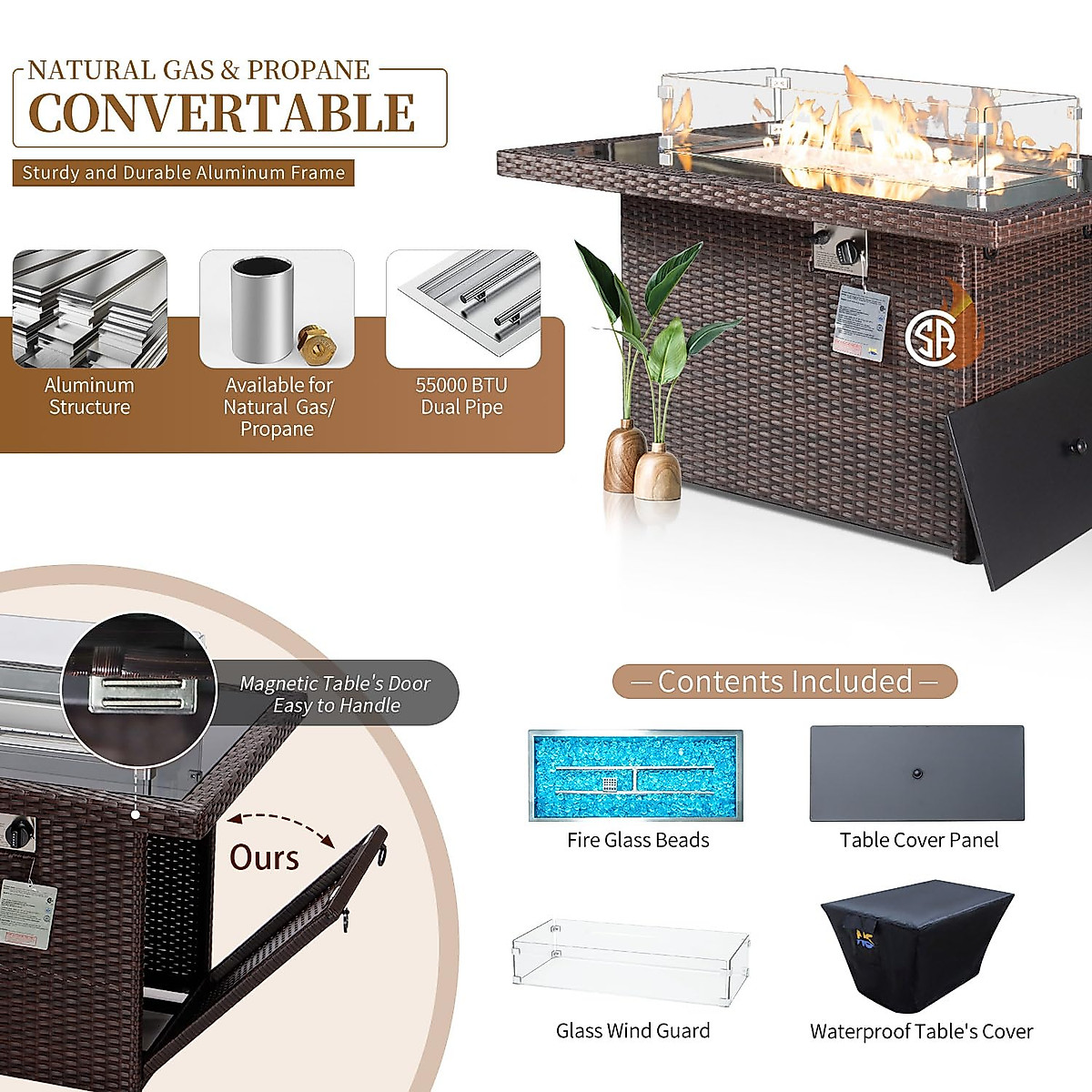 NICESOUL Wicker Outdoor Fire Pit Table Natural Gas/Propane, 43'' Rectangular Firepit Table for Outside, 55000 BTU Patio Fireplace Tables with Windguard&Glass Rocks&Cover, Modern CSA Firepits, Brown