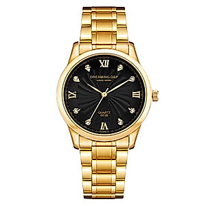 DREAMING Q&P IP Gold Plating Steel Roman Numeral Dial with Rhinestones Luxury Mens Wrist Watches for Man Black 003