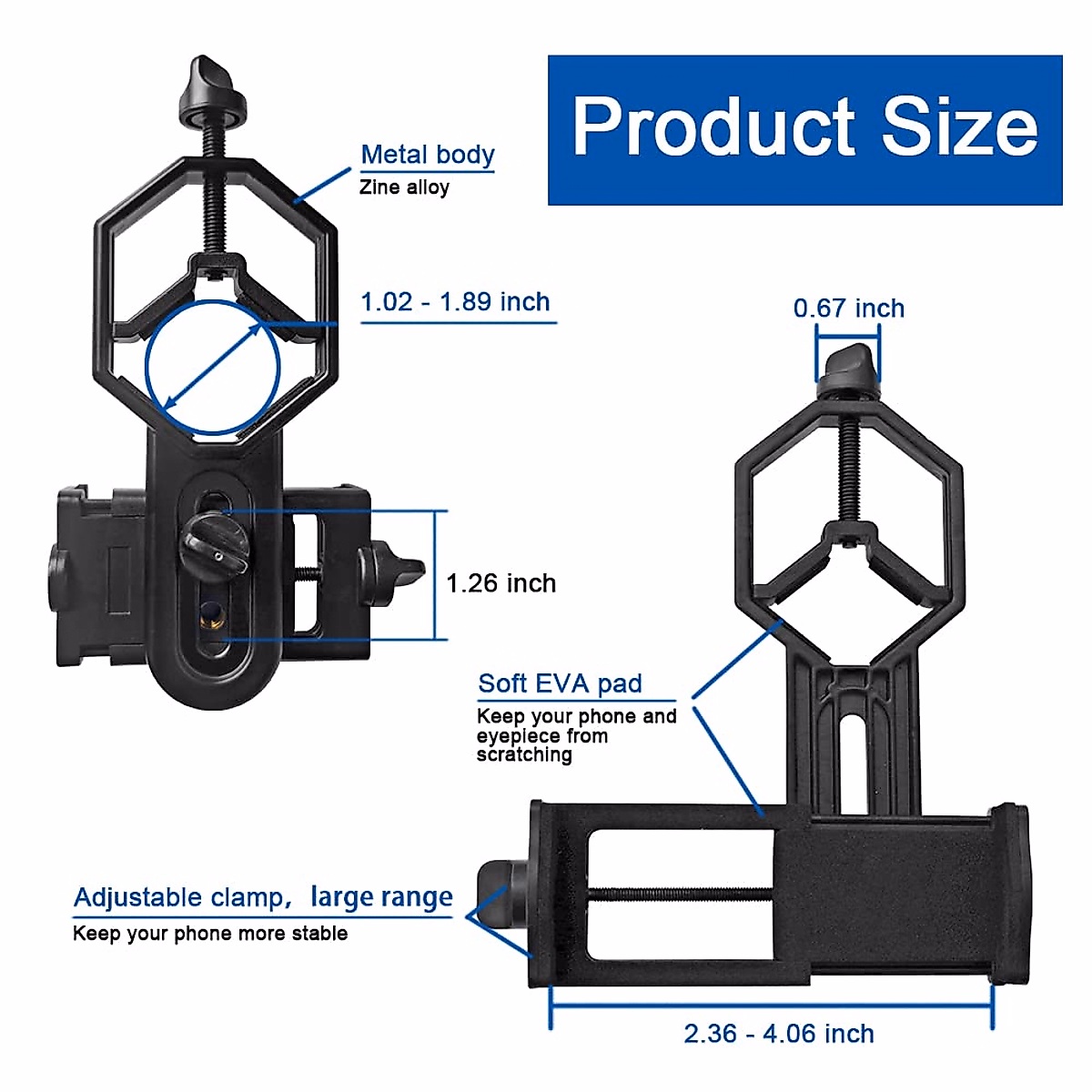 Telescope Adjustable Phone Scope Mount, Smartphone Adapter Mount for Monoculars, Binoculars and Microscopes, Fit Almost All Brands of Smartphones