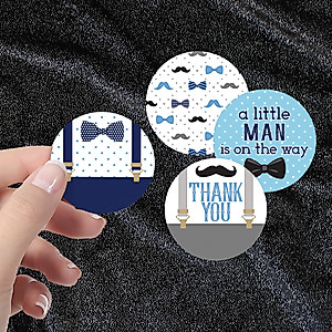 Little Man Baby Shower Thank You Stickers - Mustache, Suspenders, It's a Boy, 1.75 in - 40 Labels