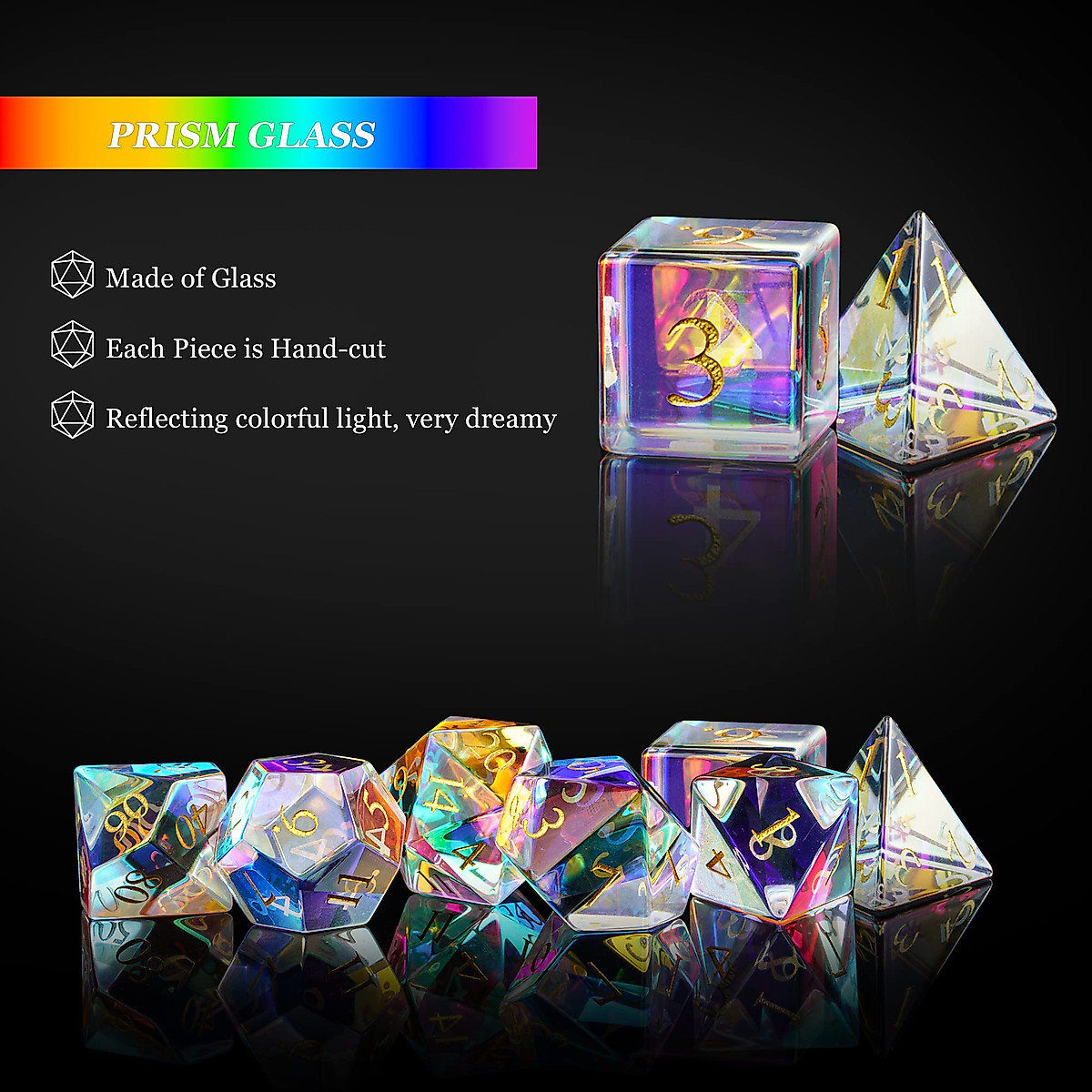 UDIXI Prism Glass Dice Set 7PCS Rainbow Glass DND Dice with Gift Box for Dungeons and Dragons D&D MTG Table Games (Prism Glass)