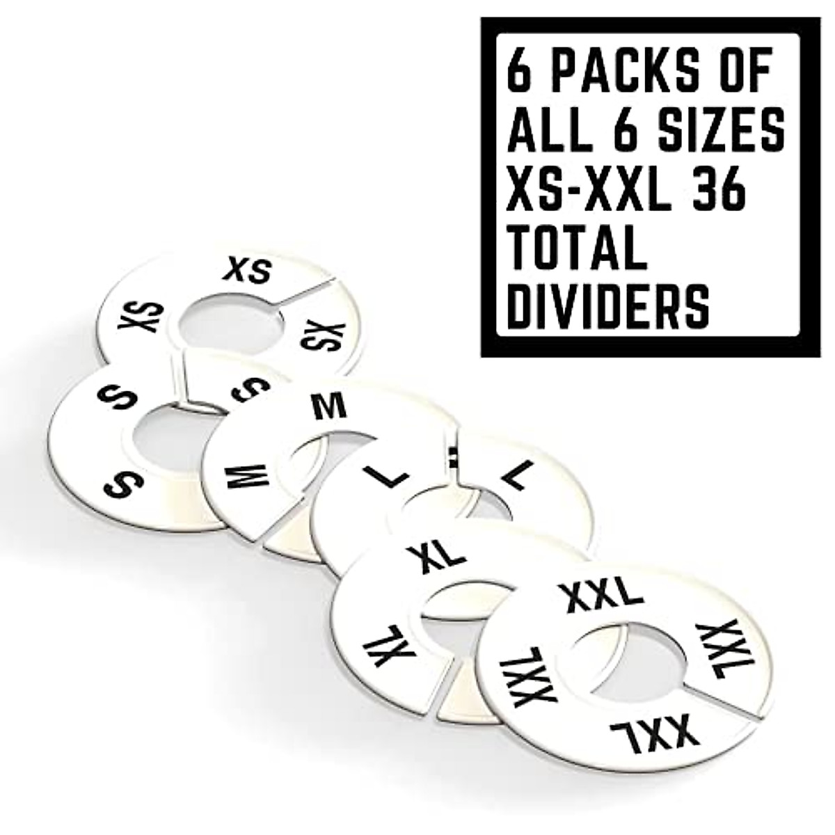 Discount Sizing- Round Clothing Dividers Size Hanger Rack Dividing 36 Pack 6 Each Size (XS-XXL) - Great for Retail, Boutiques, Personal Closet Storage & Organization (White)