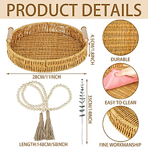 8 Pcs Boho Farmhouse Coffee Table Tray Set 11 Inch Wicker Rattan Serving Tray with Handles Round Rattan Tray Basket Wood Bead Garland with Tassels 6 Artificial Eucalyptus Leaves for Home Fall Decor
