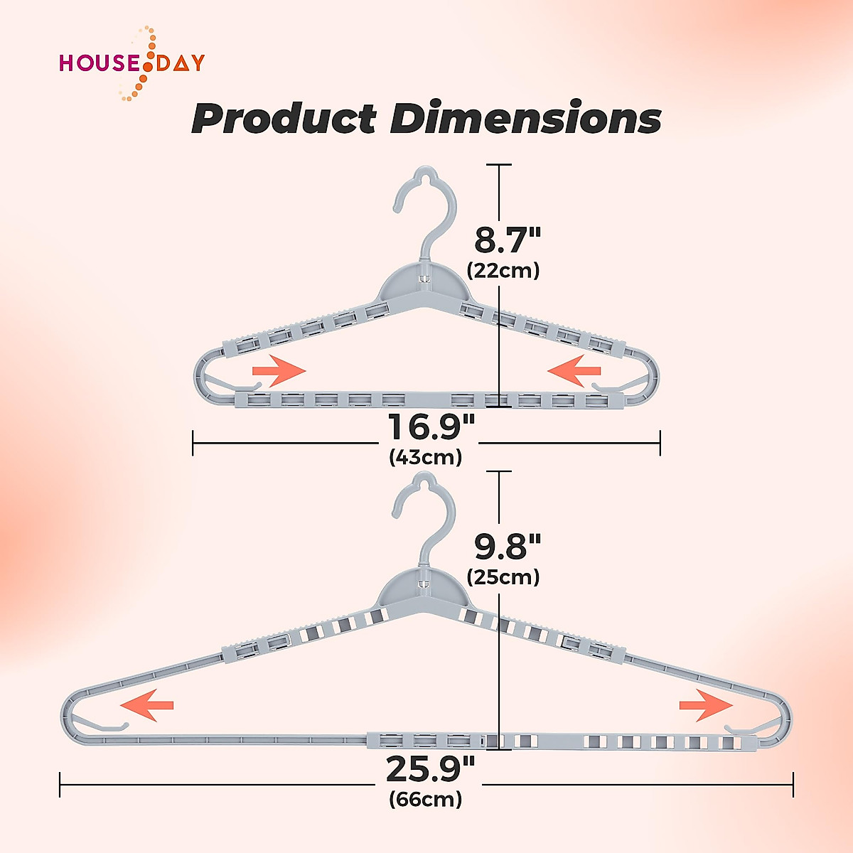 HOUSE DAY Extra Large Adjustable Hangers 4 Pack, Heavy Duty Clothes Hangers with 360° Rotating Hook, Sturdy Plastic Hangers Ideal for Coat,Sweaters, Jackets, Bath Towels, Oversized Garments (Gray)