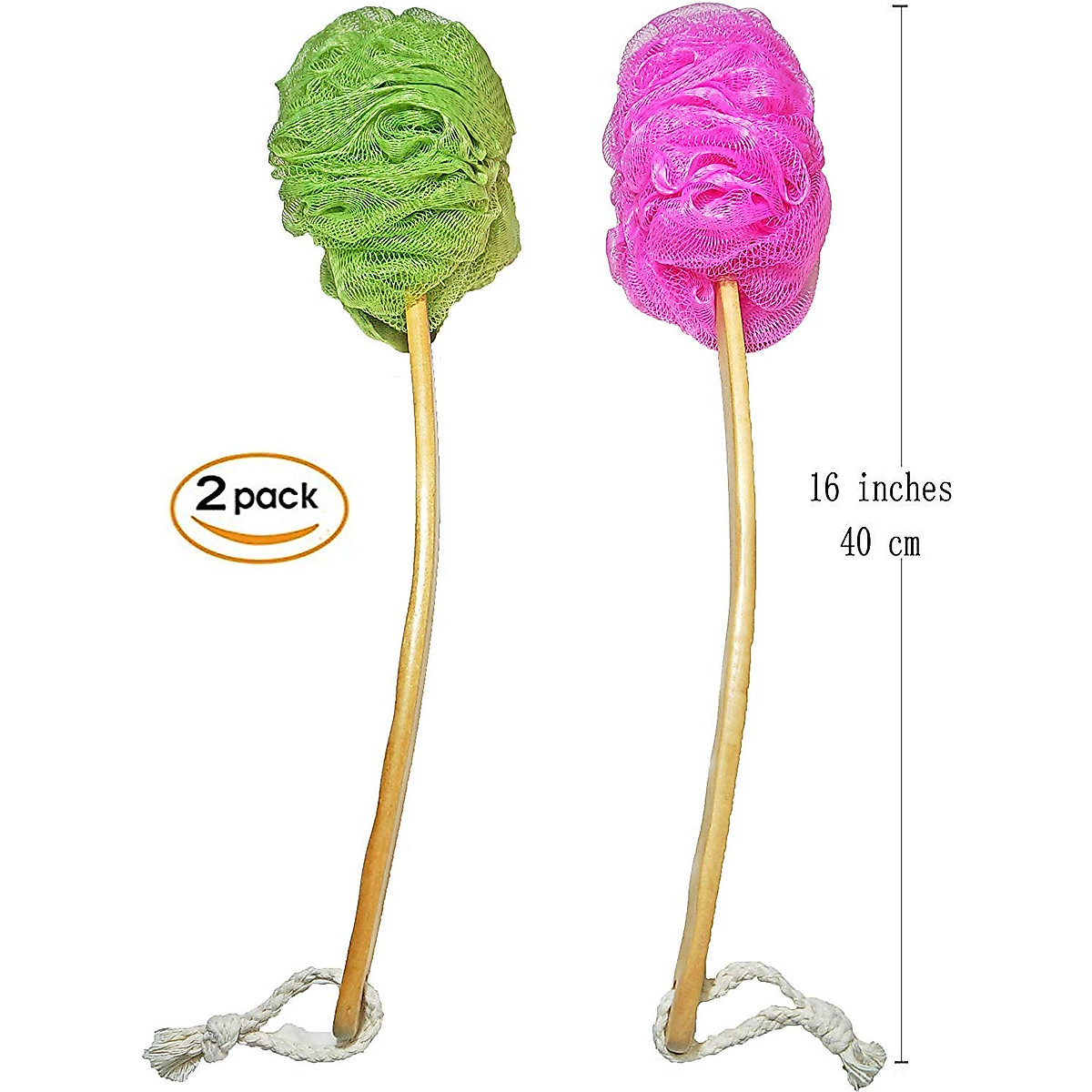 Shower Loofah Body & Back Scrubber - Exfoliating Loofah luffa loofa Bath Brush On a Stick - with Long Wooden Handle Back Brush for Men & Women - Easy Reach Body Wash & Lotion Applicator 2-Pack