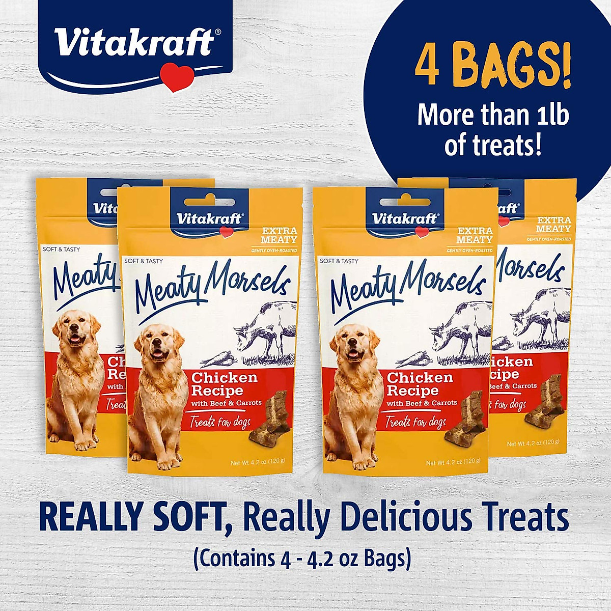 Vitakraft Meaty Morsels Treats for Dogs - Chicken with Beef and Carrots - Super Soft Dog Treats - Two Layers of Gently Oven-Baked Meaty Goodness - Multi Pack of 4