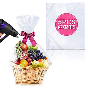 5Pcs Gift Basket Wrapping Plastic Bags - 32"x40" Gift Basket Shrink Wrap Bags for Gift Baskets Raffle Basket Wrap - Gift Basket Wrap Clear Basket Wrapping Bags Large Cellophane Bags for Gift Baskets