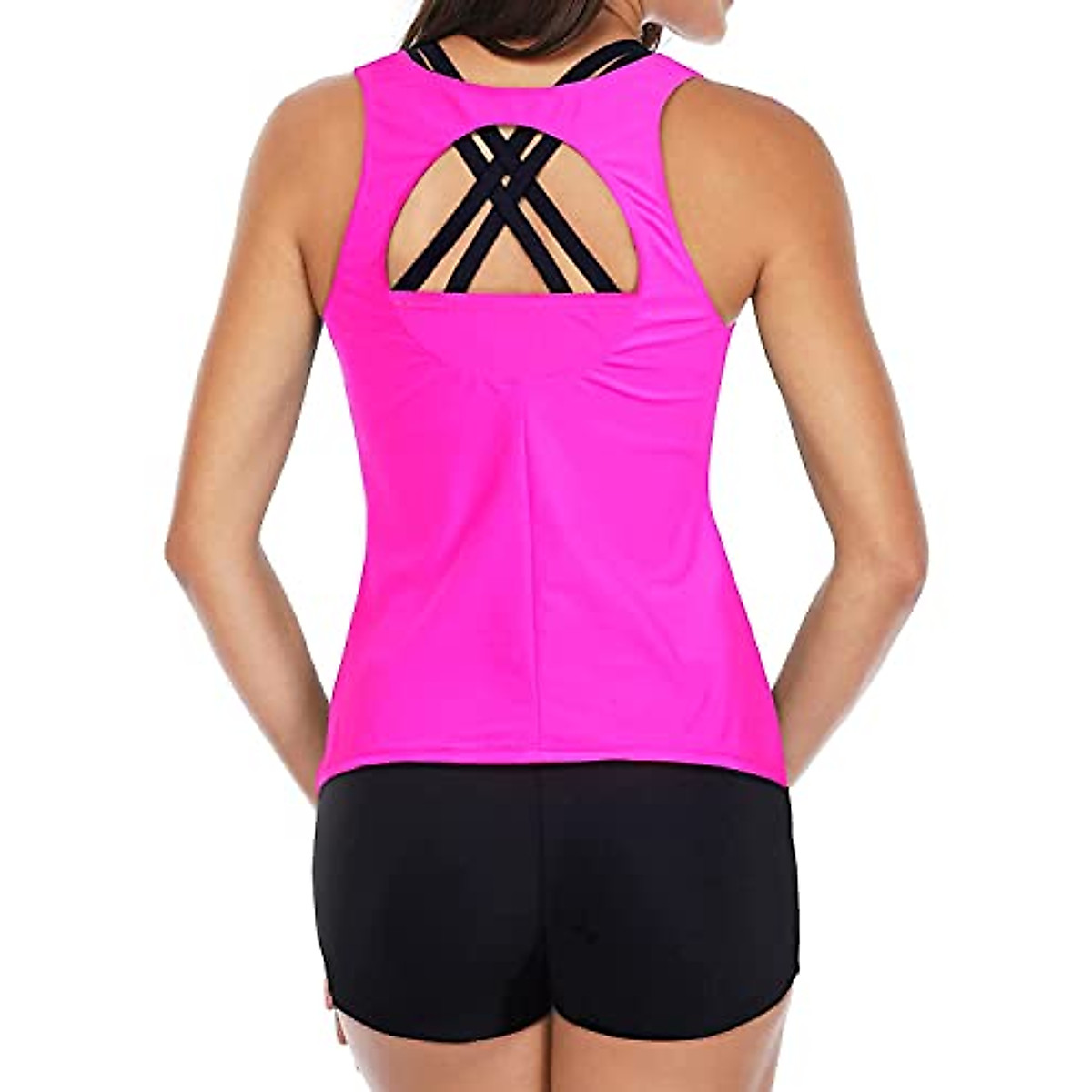 Yonique Tankini Swimsuits for Women 3 Piece Bathing Suits Swim Tank Top with Boy Shorts and Bra Modest Swimwear Pink02 L