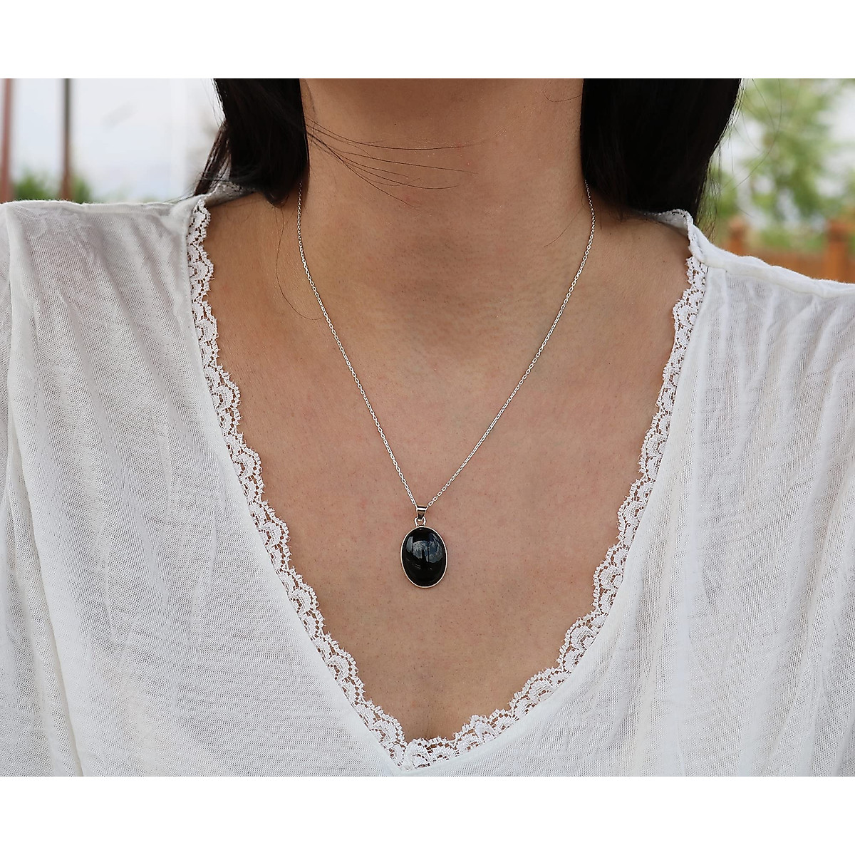 Sterling Silver Oval Black Onyx Small Pendant Necklace - Handmade 15x20mm Black Stone 16+2 inches Chain for Women