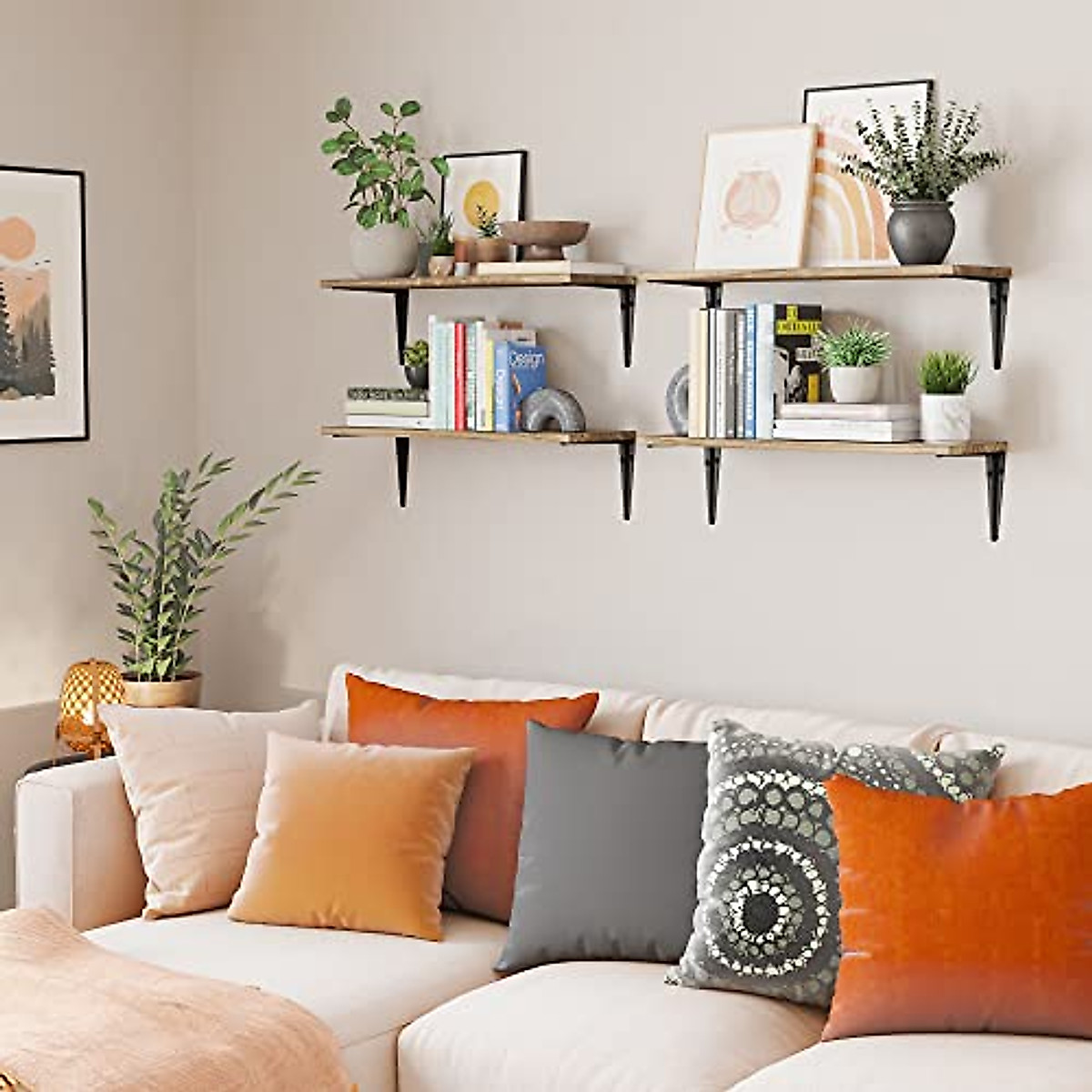 Wallniture Arras 24"x8" Floating Shelves for Wall Storage, Wall Bookshelf for Living Room Decor, Kitchen Organization and Storage Shelves, Bedroom Bookshelves, Burnt Finish Set of 4