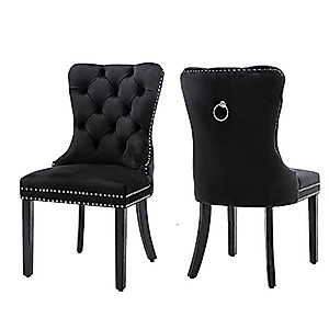civama Dining Chairs Set of 2, Velvet Nikki Collection Dining Room Chair Upholstered Modern Luxury Tufted with Nailhead Trim Back Pull Ring Solid Wooden Legs, Black