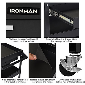 IRONMAX 3 Tier Tool Chest, Heavy Duty Industrial Utility Service Cart with Drawer & Wheels, Rolling Mechanic Tool Box Organizer for Garage Warehouse Workshop Repair Shop Office, 330 LBS Capacity