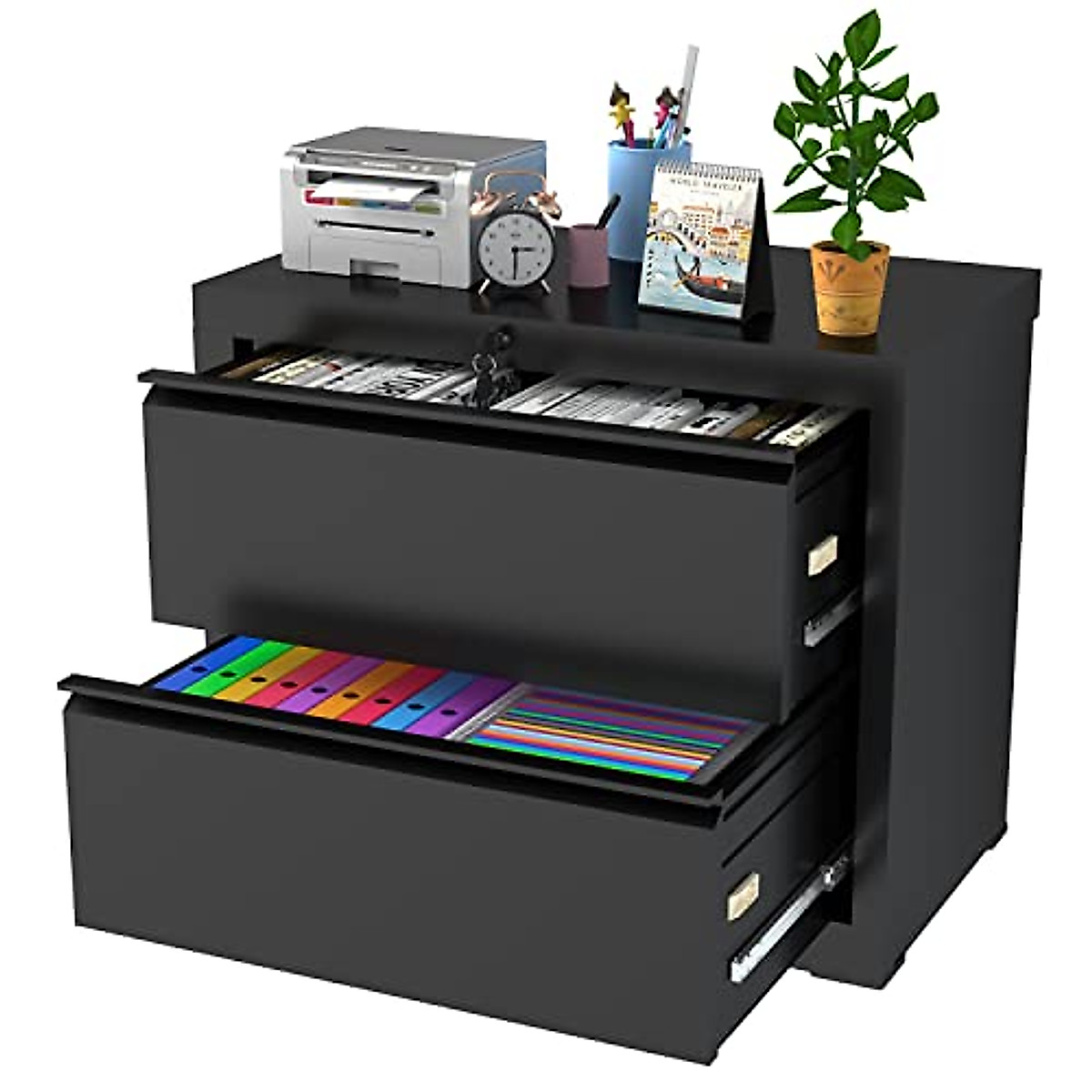 INTERGREAT Lateral File Cabinet with 2 Drawer, Black Lateral Filing Cabinet with Lock, Metal Steel Black File Cabinets for Home Office