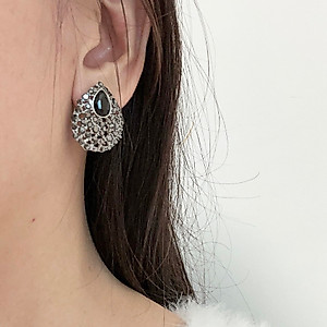 SELOVO Austrian Crystal Teardrop Clip on Stud Earrings Silver Tone (black-clip on)