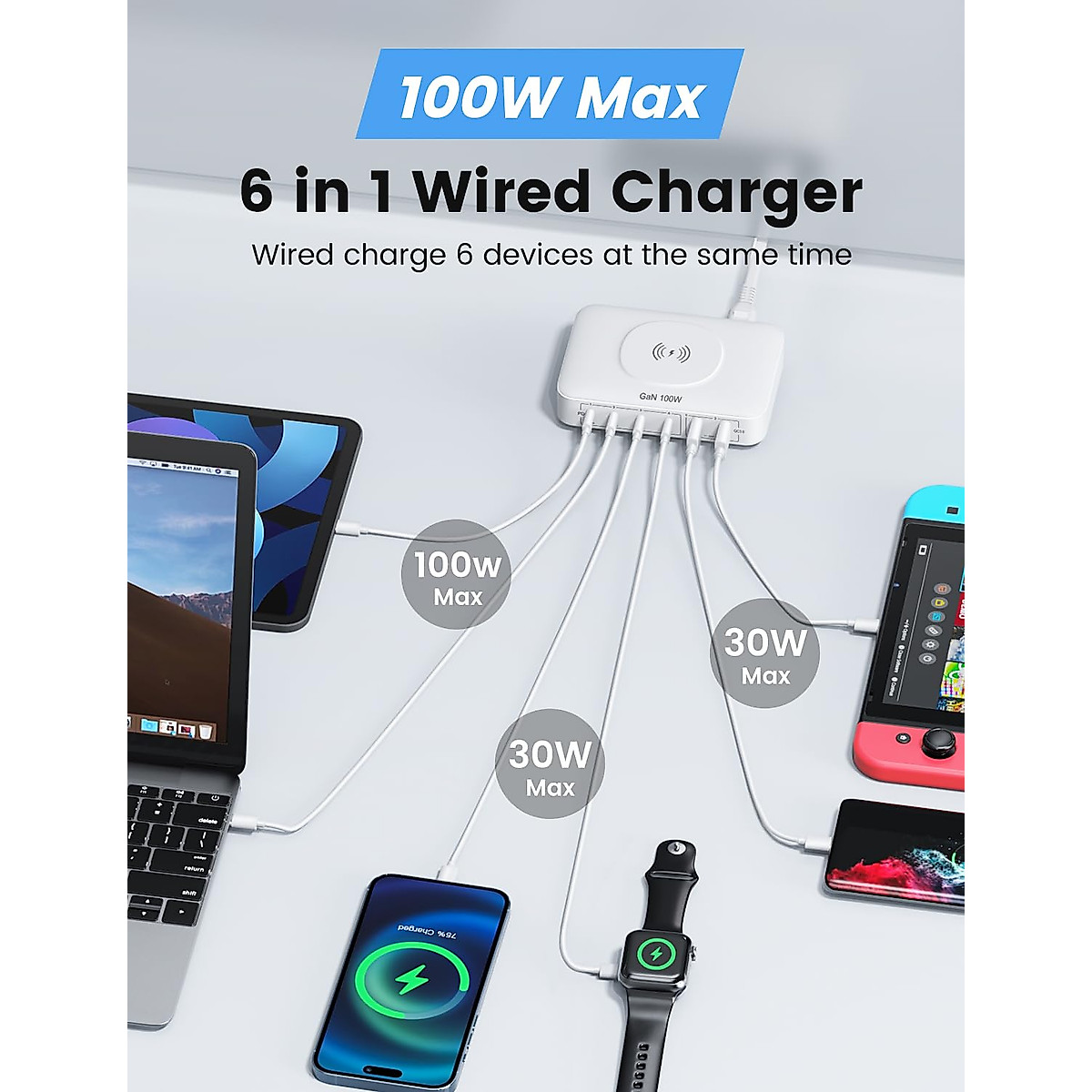 100W USB Charging Station with 15W Wireless Charger, Marnana 6-in-1 Multiple USB Ports(2 USB A and 4 USB C Ports) GaN Desktop Charger for iPhone iPad MacBook Laptop Samsung and Android Devices