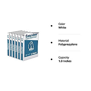 EasyView Premium 1-Inch Binders with Clear-View Covers, 3-Ring Binders for School, Office, or Home, Colored Binder Notebooks, Pack of 6, D Ring, White