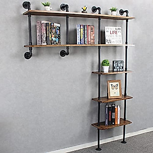 MBQQ 5-Tiers Industrial Pipe Shelving,59inch Rustic Wooden&Metal Floating Shelves,Home Decor Shelves Wall Mount,Real Wood Book Shelves,Wall Shelf Unit Bookshelf,Wall Shelf for Office Organizer,Brown