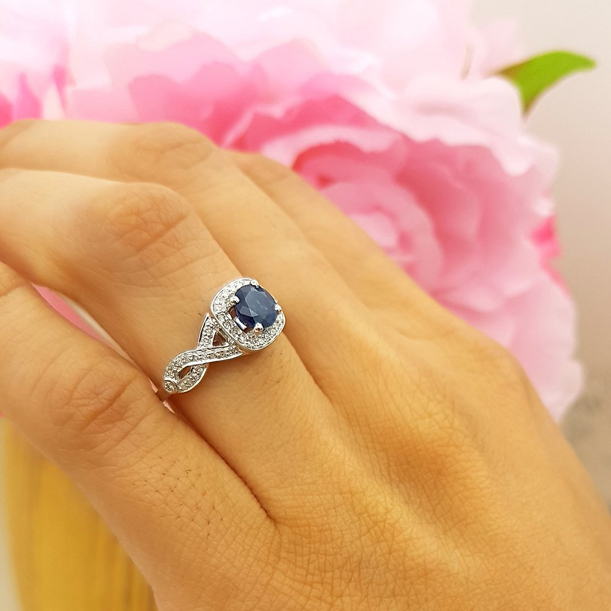 Dazzlingrock Collection 14K Round Blue Sapphire & White Diamond Swirl Split Shank Halo Engagement Ring, White Gold, Size 5