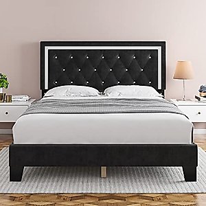 HITHOS Full Bed Frame, Upholstered Platform Bed Frame with Modern Adjustable Headboard, Diamond Tufted Mattress Foundation with Wooden Slat Support, No Box Spring Needed, Easy Assembly (Full, Black)