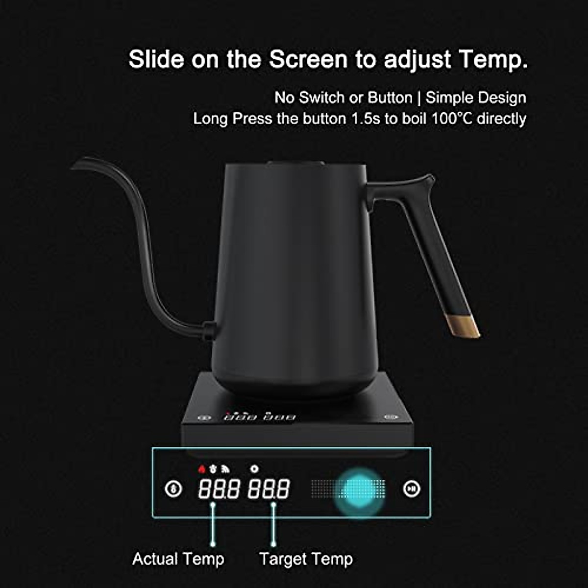 TIMEMORE Fish Smart Electric Coffee Kettle 800ML, Gooseneck Pour Over Kettle for Coffee and Tea Variable Temperature Control, Commercial Edition Black