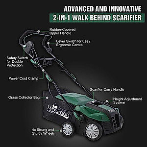 2 in 1 Walk Behind Scarifier, Garden Scarifier, 16INCH Dethatcher Corded Electric Scarifier, 15 Amp Electric Lawn Dethatcher, Removable Collection Bag Extra Large 58QT