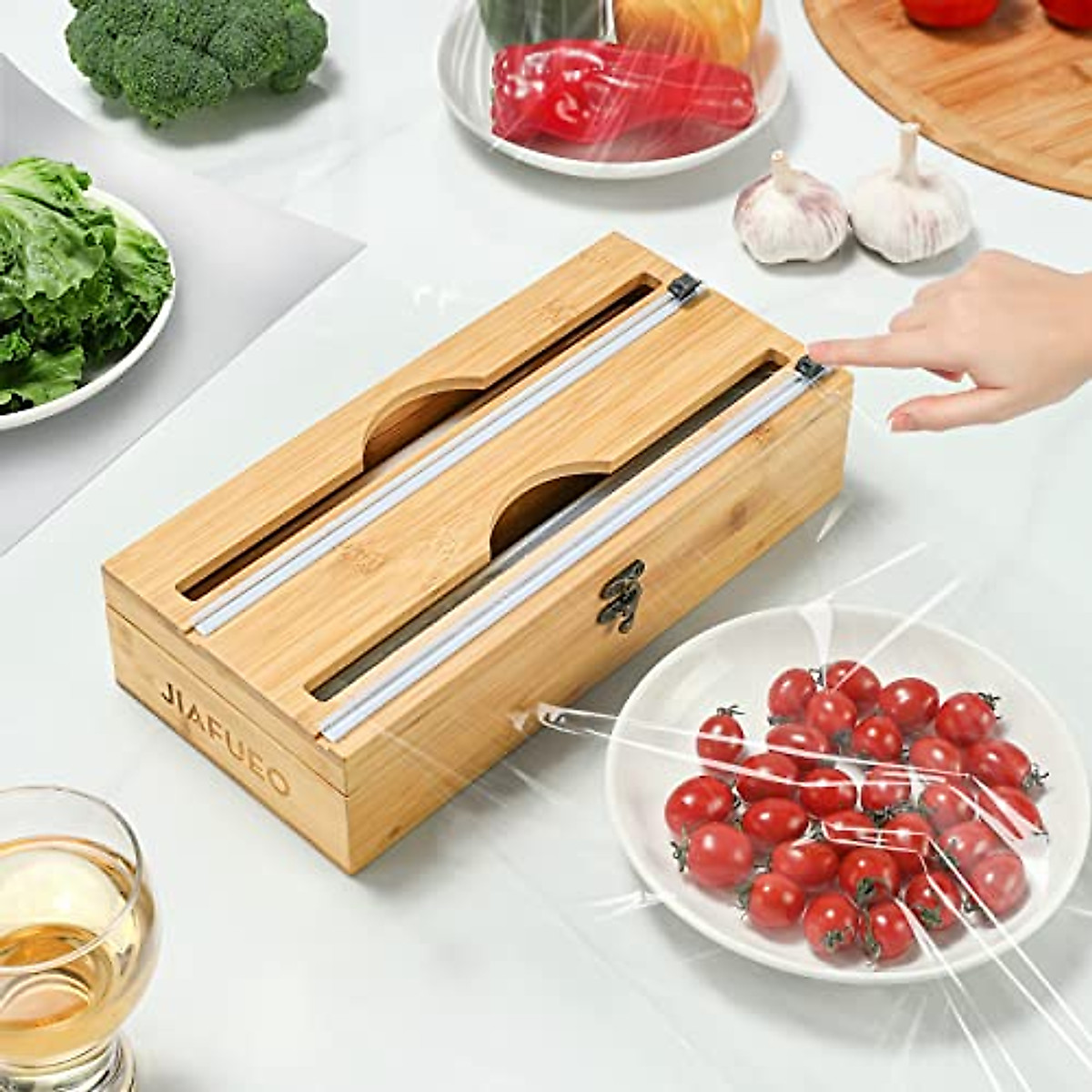 JIAFUEO Foil and Plastic Wrap Organizer, 2 in 1 Plastic Wrap Dispenser with Cutter and Labels, Aluminum Foil Organization and Storage, Bamboo 12" Roll Organizers Holder for Kitchen Drawer