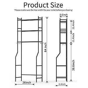 GloTika 3-Tier Over The Toilet Storage, Space Saver Metal Bathroom Shelves, Freestanding Above Over Toilet Storage Shelf with 4 Hooks for Bathroom, Black