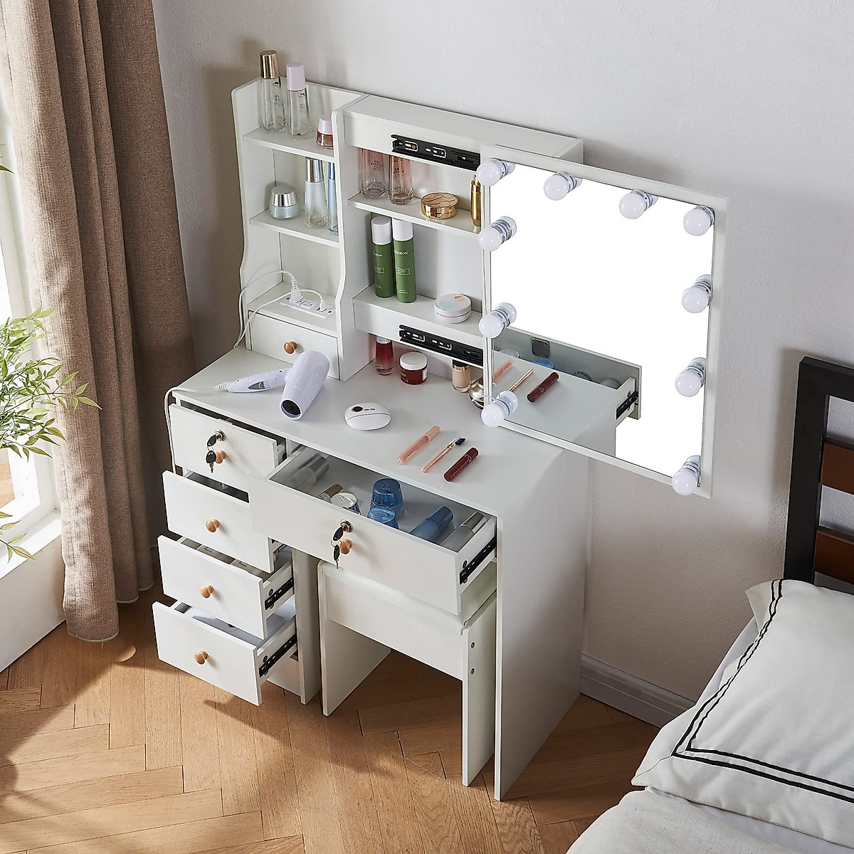 Vanity Set Dressing Table with Lighted Mirror, Modern Storage Makeup Table with 5 Drawers and Stool,White (H1905)