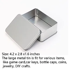 DKAOVH 2Pcs Silver Metal Tin Box with Lid,Large Multipurpose Tin for Cards,Jewelry, Crafts, Cookies, Pills, Gifts and More (4.2 x 2.8 x1.6 inches)