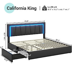 Hasuit California King Bed Frame with 4 Storage Drawers, LED Light Platform Bed Cal King Size with Charging Station, Black Artificial Leather Upholstered Headboard, No Spring Needed, Noise Free