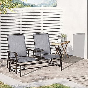 Outsunny Outdoor Glider Bench with Center Table, Metal Frame Patio Loveseat with Breathable Mesh Fabric and Armrests for Backyard Garden Porch, Gray