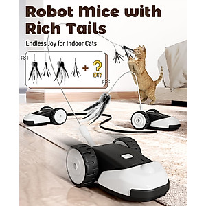 CYROS 3-in-1 Interactive Cat Toy - 2-Speed Automatic Moving Mouse Cat Toys Self Play with 2pcs Hanging Feather String Ribbon and Wiggly Silicone Mice Tail for Bored Indoor Adult Cats Kittens