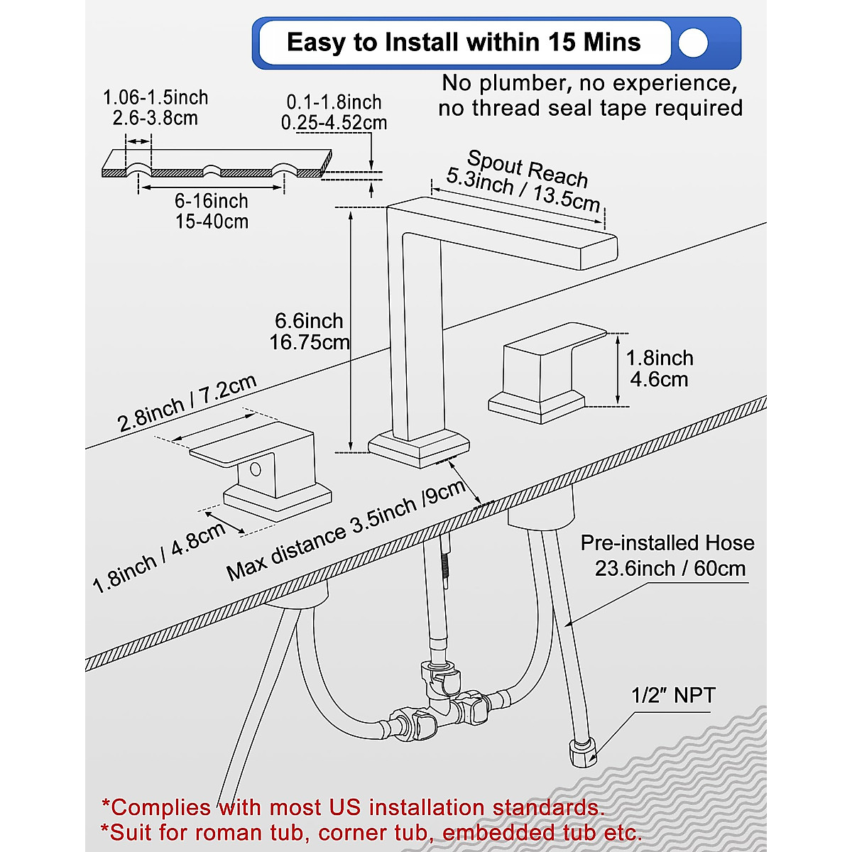 HEYMYTAP High Flow Bath Tub Faucet, Roman Bathtub Faucet Black Tub Faucet Set Solid Brass Soaking Tub Faucet 2 Handle Bathtub Faucets Deck Mount Quiet Longer Spout Reach 5.3 inch No Leaks