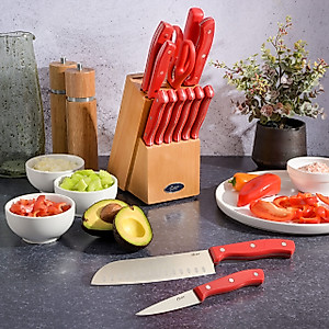 Oster Scottsdale Stainless Steel Kitchen Knife Cutlery Block Set (14-Piece), Red