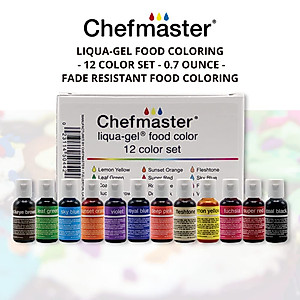 Chefmaster - Liqua-Gel Food Coloring - Fade Resistant Food Coloring - 12 Pack - Vibrant, Eye-Catching Colors, Easy-To-Blend Formula, Fade-Resistant