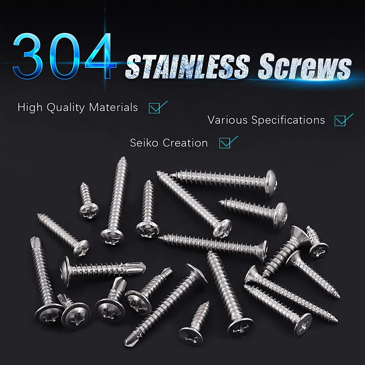 Swpeet 435Pcs 3 Types #6#8#10 SAE 304 Stainless Steel Round Pan Head and Phillips Flat Head Self Tapping Sheet Metal Screws Wood Screws with 410 Stainless Steel Truss Head Fast Self Tapping Screws
