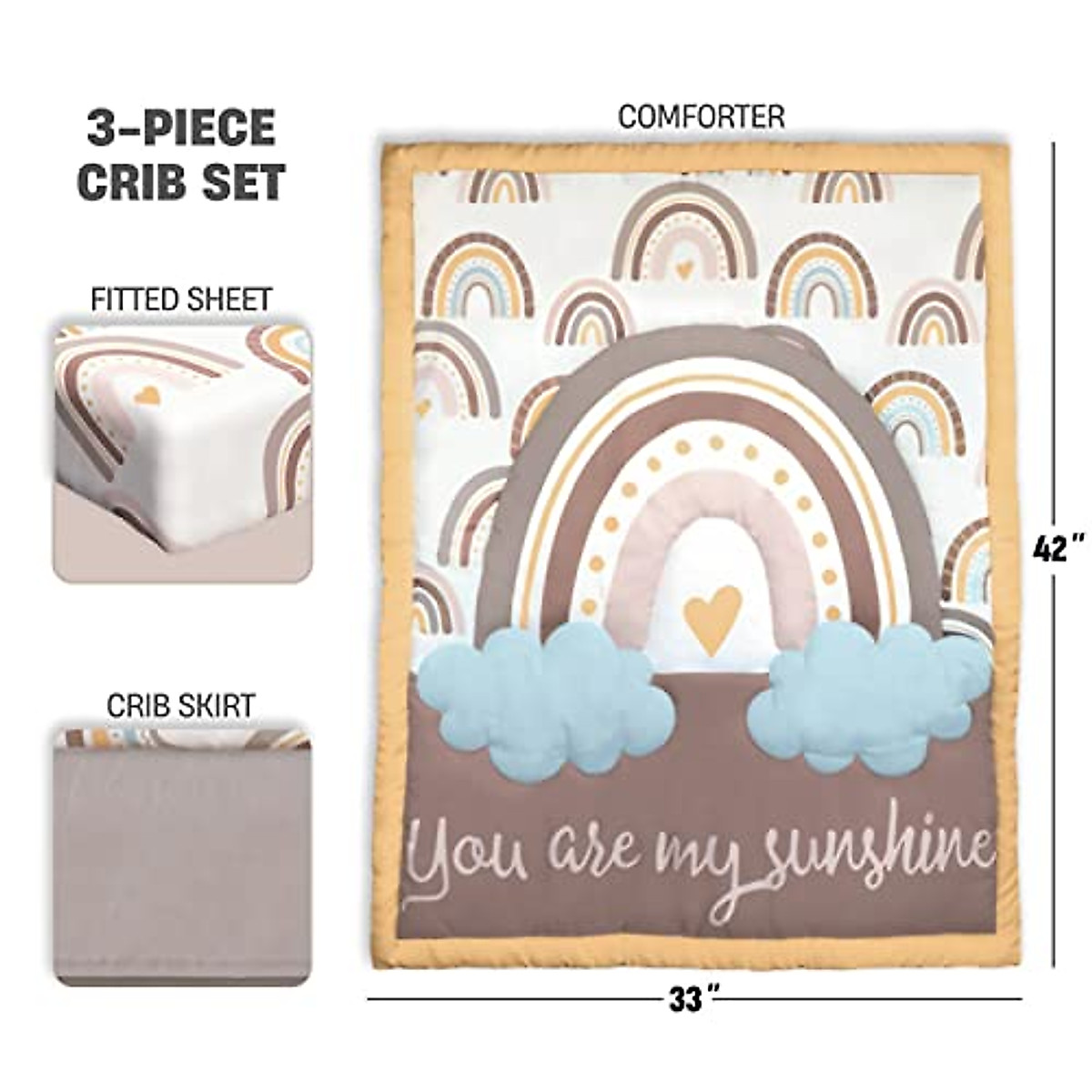 Boho Crib Bedding Set for Girls or Boys, Baby Crib Sets for Boys or Girls, Neutral Rainbow Boho Nursery Bedding, 3 Piece Baby Crib Set- Crib Comforter, Crib Sheet and Skirt