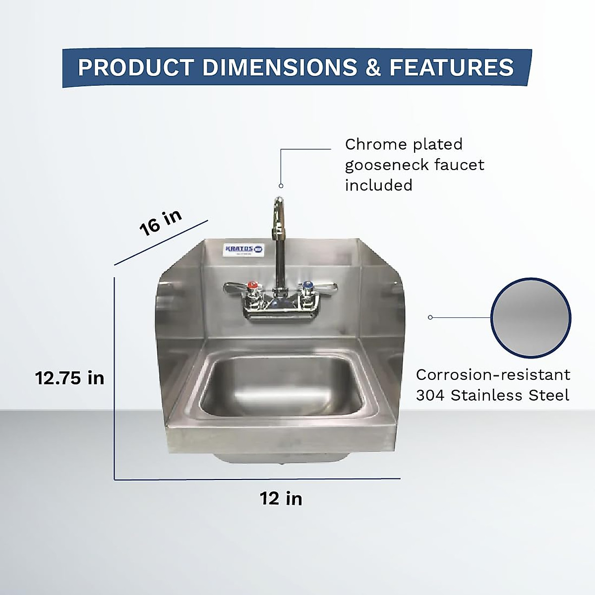 Kratos 28W-091 NSF Commercial Hand Sink with Gooseneck Faucet - 9"Wx9"Dx5"H Bowl - 7-3/4" Side Splashes