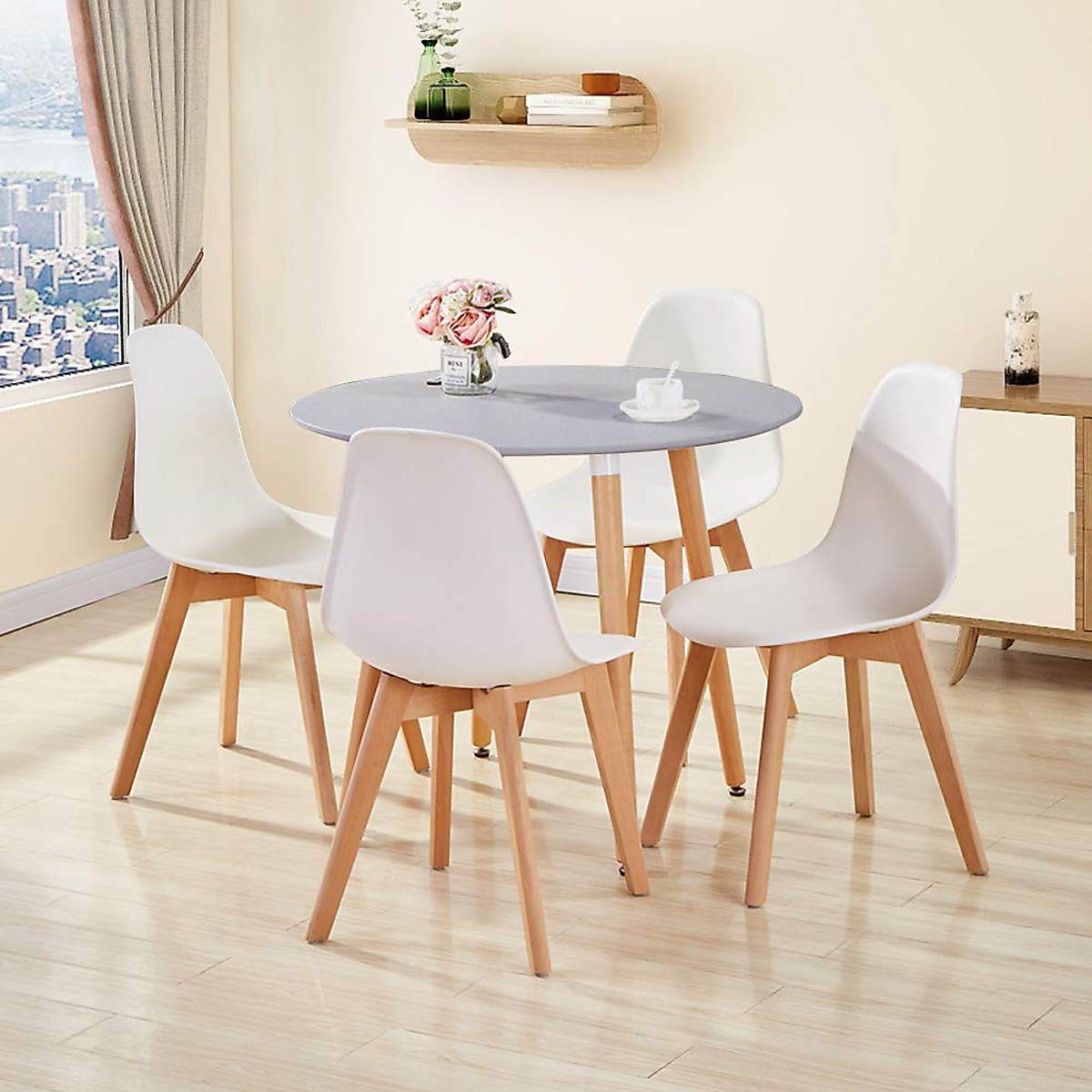 NIERN Round Dining Table with Beech Wood Legs, Modern Wooden Kitchen Table for Dining Room Kitchen (Grey)