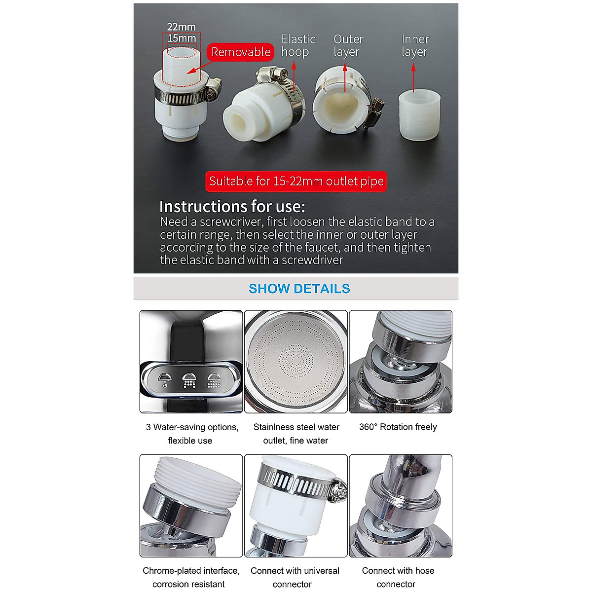 3Modes High Pressure Luxury Filtered Kitchen Water Faucet Aerator Home Pressure Water Diffuser Bubbler Water Saving Filter Shower Head Nozzle Tap Connector