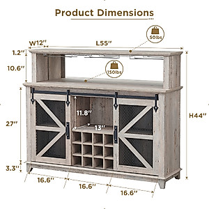 OKD Farmhouse Coffee Bar Cabinet with LED Lights, 55" Wine Bar w/Sliding Barn Door & Wine and Glass Rack, Kitchen Buffet Cabinet w/Storage Shelves for Dining Room,Light Rustic Oak